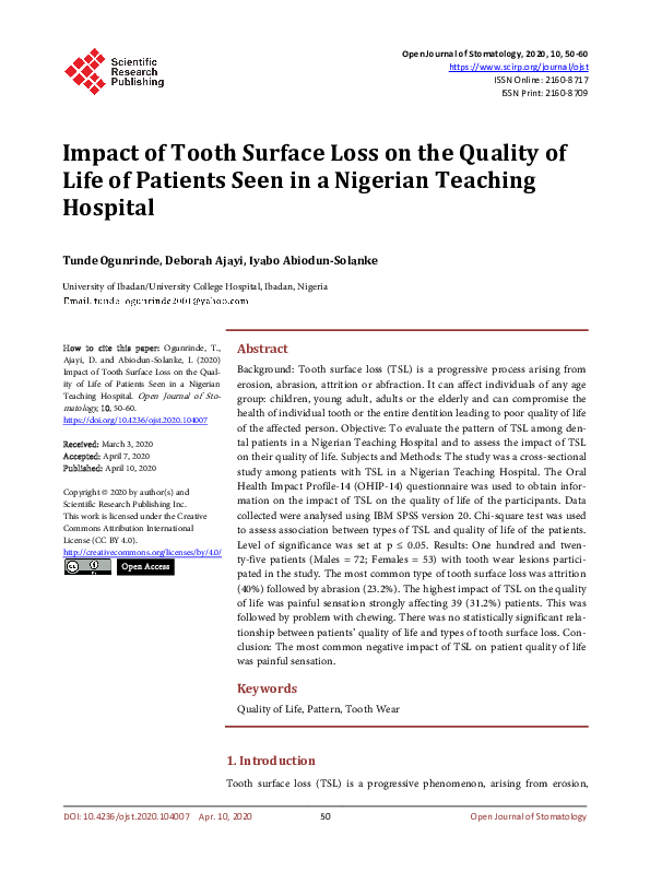 (PDF) Impact of Tooth Surface Loss on the Quality of Life of Patients ...