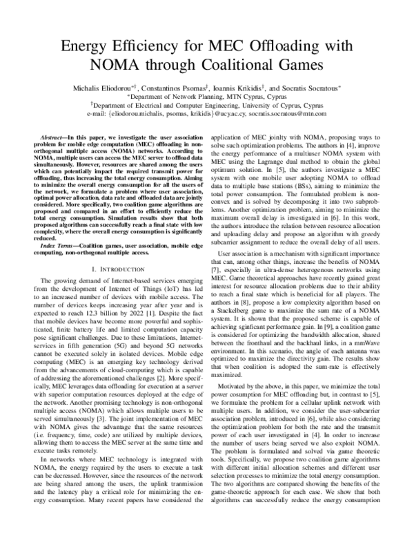(PDF) Energy Efficiency for MEC Offloading with NOMA through Coalitional Games