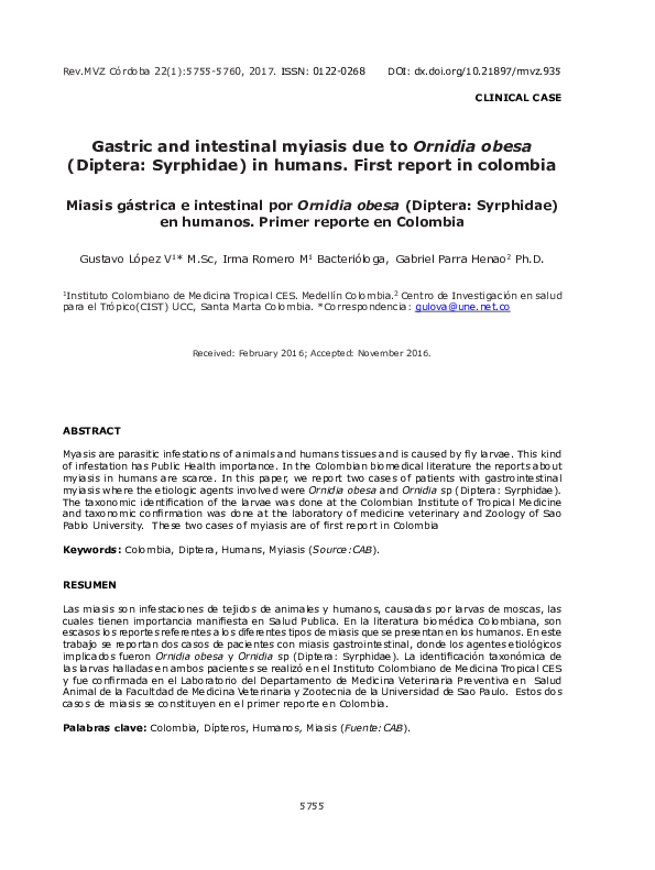 (PDF) Miasis gástrica e intestinal por Ornidia obesa (Diptera ...