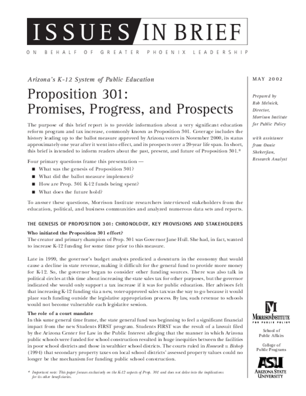 (PDF) Proposition 301: Promises, Progress, and Prospects. Issues in Brief