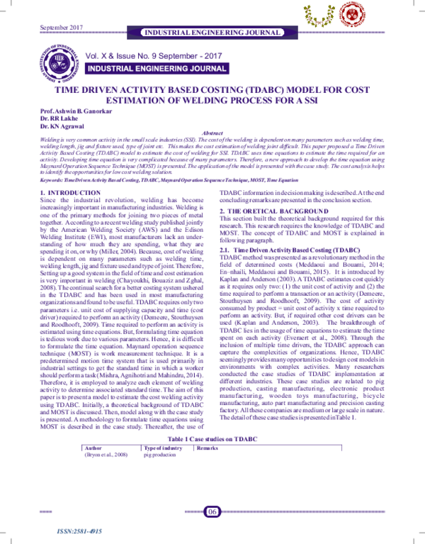 (PDF) Time Driven Activity Based Costing (Tdabc) Model for Cost ...