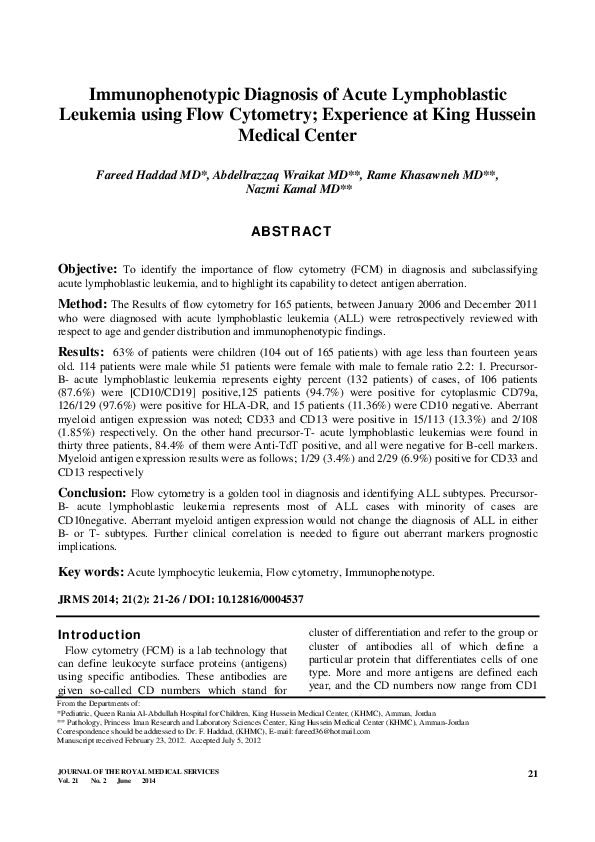 (PDF) Immunophenotypic Diagnosis of Acute Lymphoblastic Leukemia Using ...