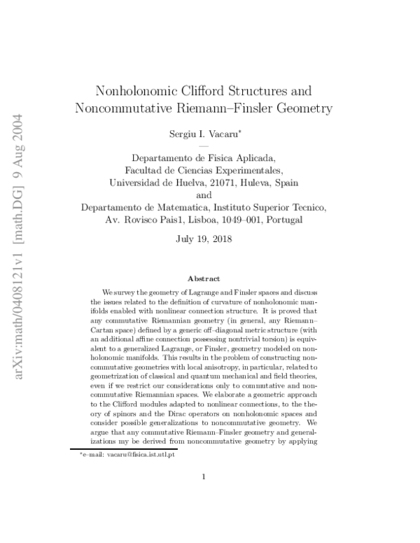 (PDF) Nonholonomic Clifford Structures and Noncommutative Riemann-Finsler Geometry
