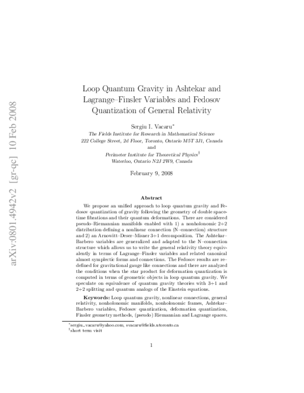 (PDF) Loop Quantum Gravity in Ashtekar and Lagrange-Finsler Variables and Fedosov Quantization ...
