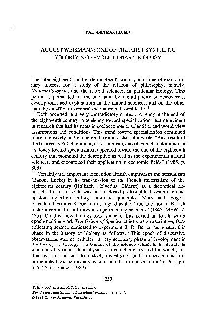 (PDF) August Weismann: One of the First Synthetic Theorists of ...