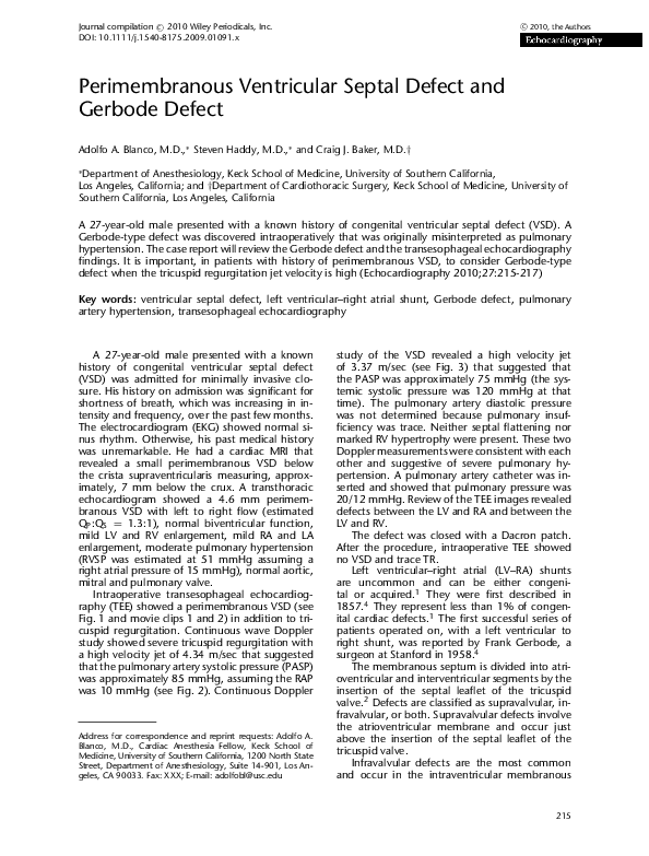 (PDF) Perimembranous ventricular septal defect and Gerbode defect