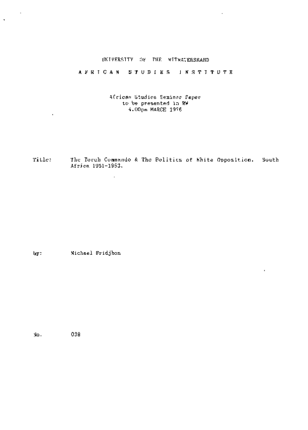 (PDF) The Torch Commando & the politics of white opposition: South ...