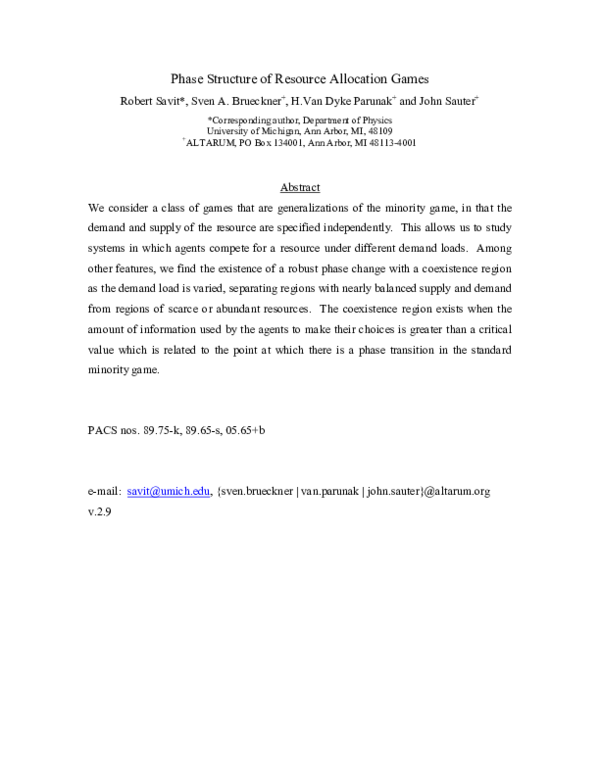 (PDF) Phase structure of resource allocation games | Van Parunak - Academia.edu