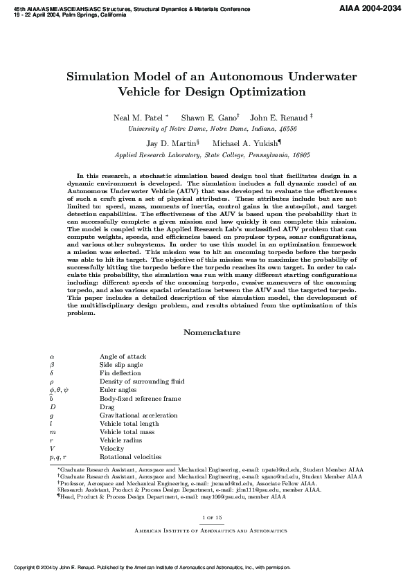 (PDF) Simulation Model of an Autonomous Underwater Vehicle for Design ...