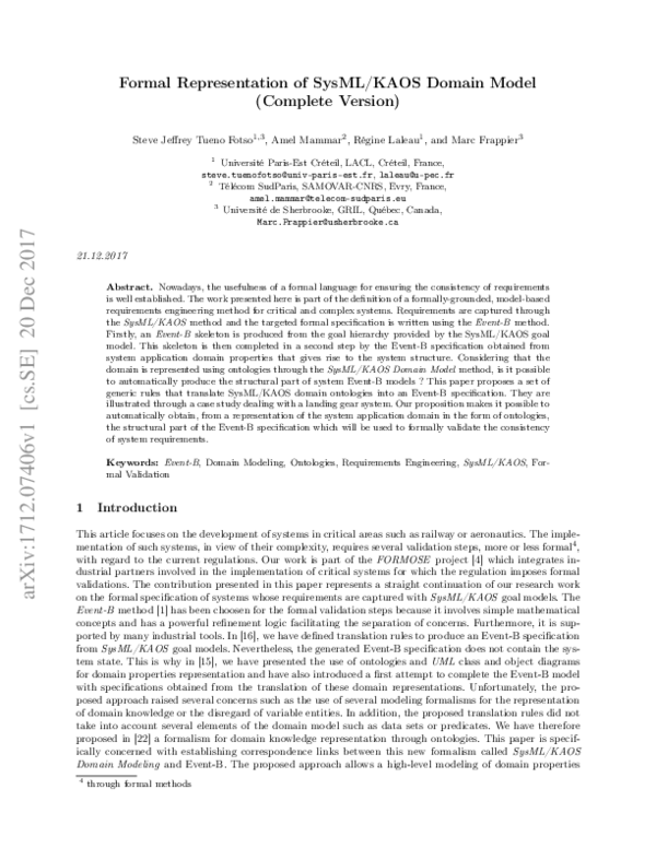 (PDF) Formal Representation of SysML/KAOS Domain Model (Complete Version)
