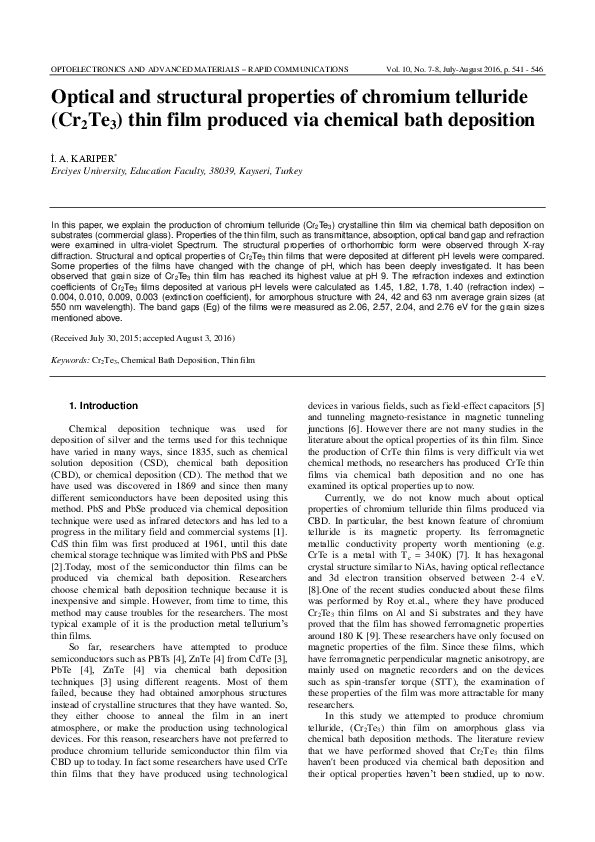 (PDF) Optical and structural properties of chromium telluride (Cr2Te3) thin film produced via ...