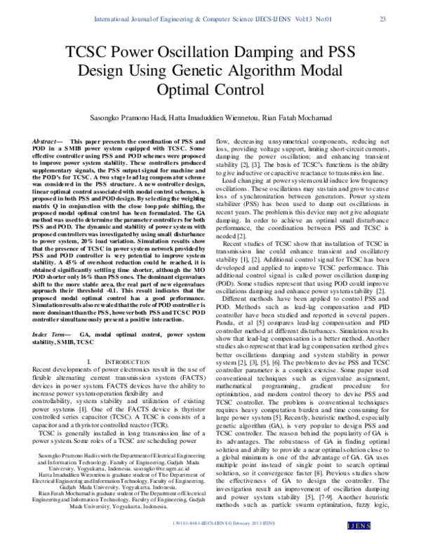 Pdf Tcsc Power Oscillation Damping And Pss Design Using Genetic Algorithm Modal Optimal 2743
