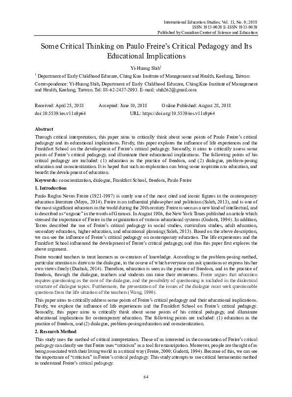 (PDF) Some Critical Thinking on Paulo Freire’s Critical Pedagogy and ...