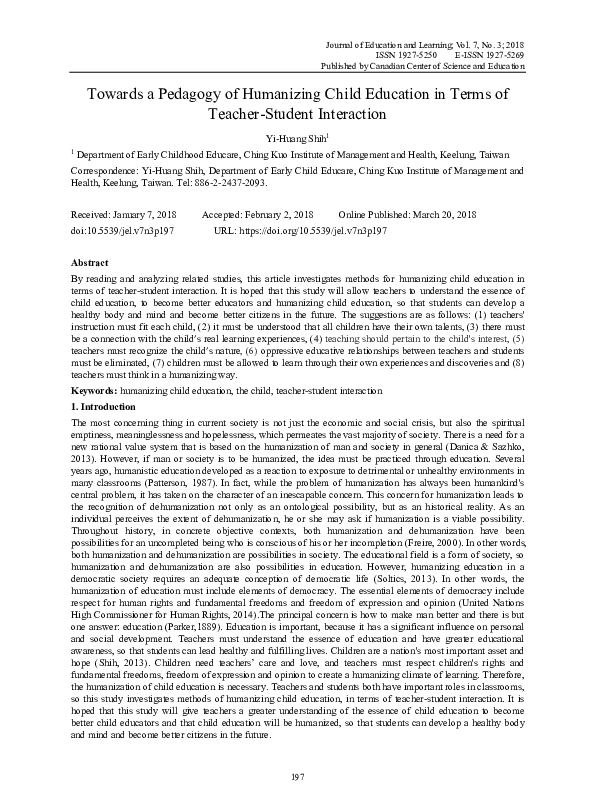 (PDF) Towards a Pedagogy of Humanizing Child Education in Terms of ...