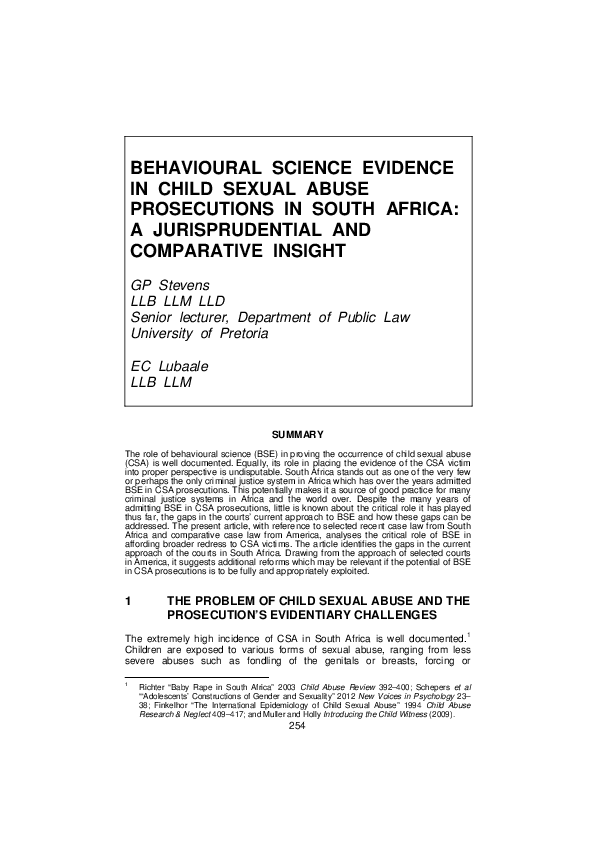 (PDF) Behavioural science evidence in child sexual abuse prosecutions ...