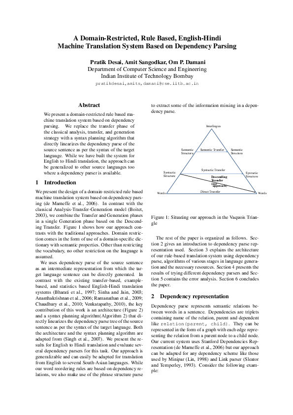 (PDF) A Domain-Restricted, Rule Based, English-Hindi Machine Translation System Based on ...