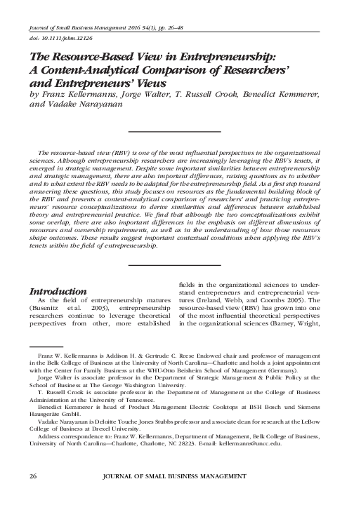(PDF) The Resource-Based View in Entrepreneurship: A Content-Analytical ...