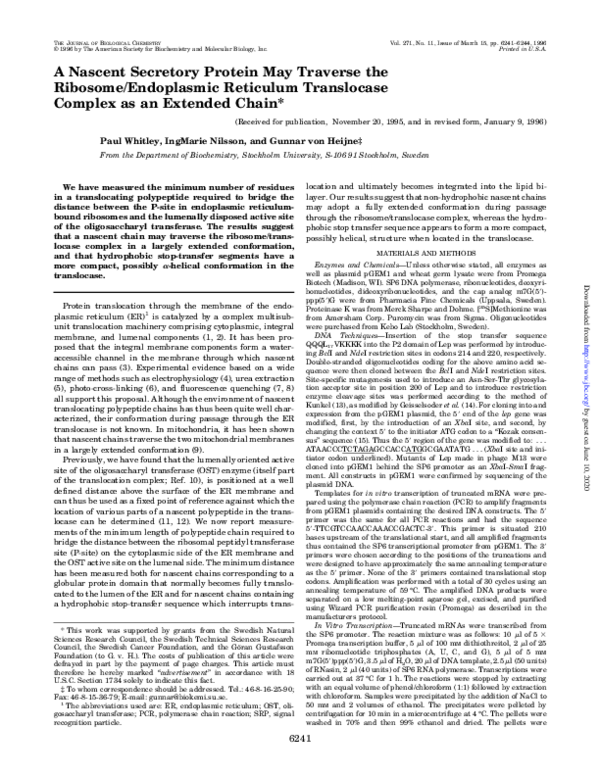 (PDF) A Nascent Secretory Protein 5 Traverse the Ribosome/Endoplasmic ...