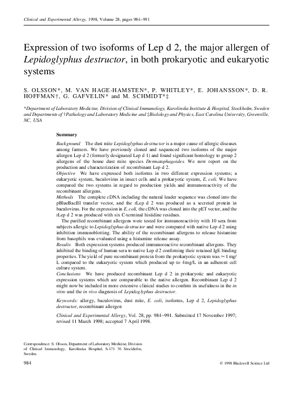 (PDF) Expression of two isoforms of Lep d 2, the major allergen of ...