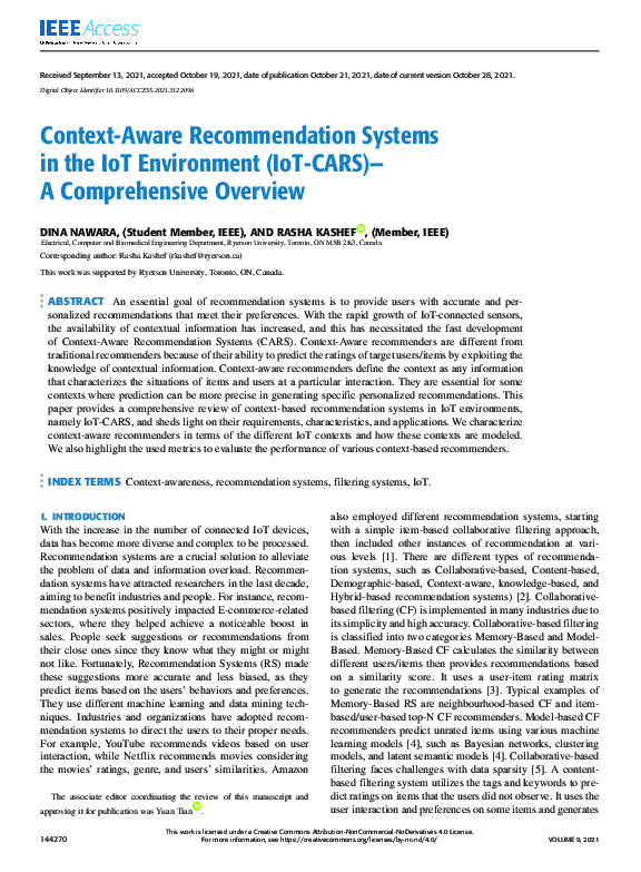 (PDF) Context-Aware Recommendation Systems in the IoT Environment (IoT-CARS)–A Comprehensive ...