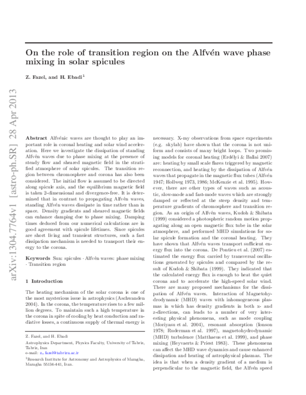 (PDF) On the role of transition region on the Alfvén wave phase mixing in solar spicules