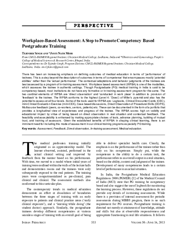(PDF) Workplace-based assessment: A step to promote competency based postgraduate training