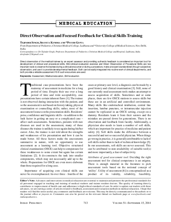 (PDF) Direct observation and focused feedback for clinical skills training
