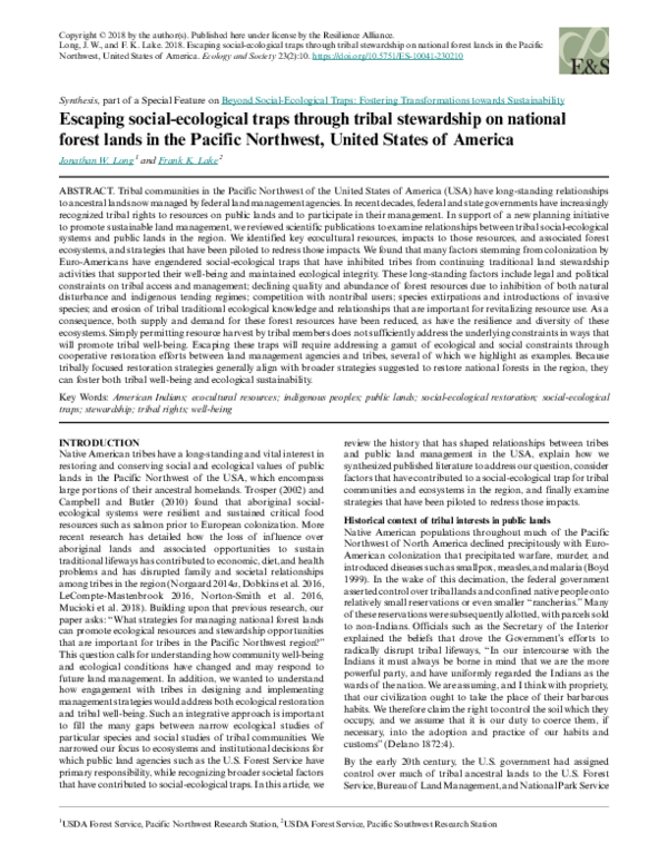 Pdf Escaping Social Ecological Traps Through Tribal Stewardship On National Forest Lands In
