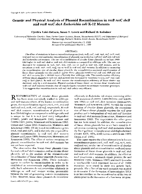 (PDF) Genetic and physical analysis of plasmid recombination in recB ...