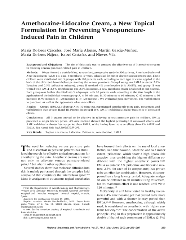(PDF) Amethocaine-lidocaine cream, a new topical formulation for ...