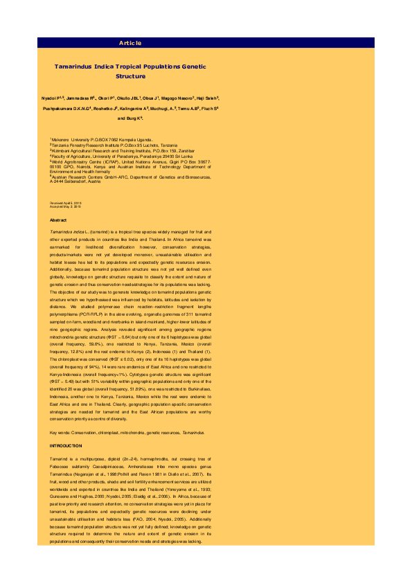 (PDF) Tamarindus Indica Tropical Populations Genetic Structure