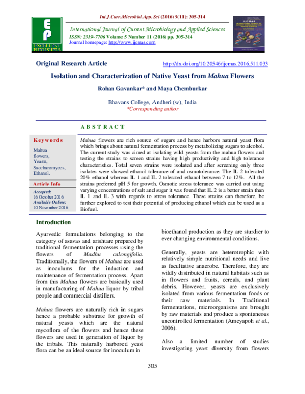 (PDF) Isolation and Characterization of Native Yeast from Mahua Flowers