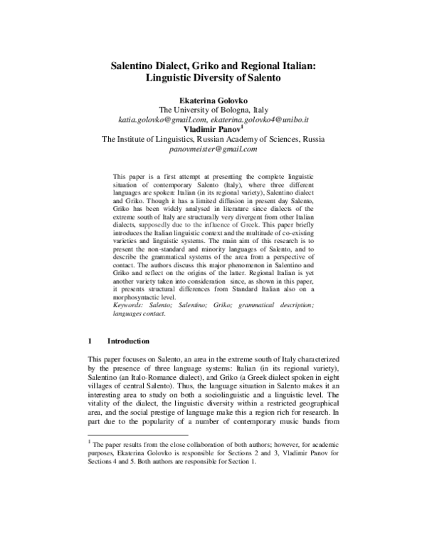 (PDF) Salentino Dialect, Griko and Regional Italian: Linguistic ...
