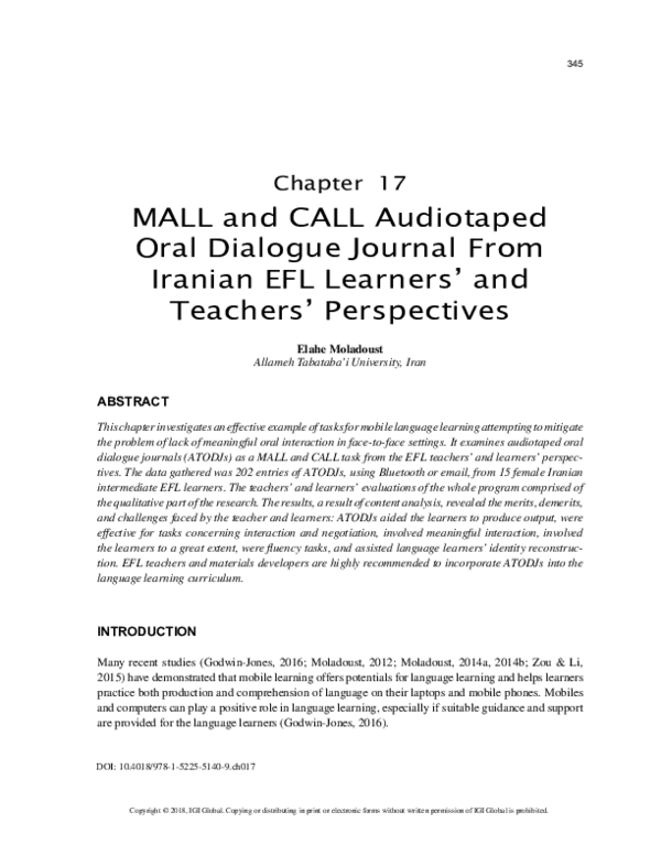 (PDF) MALL and CALL Audiotaped Oral Dialogue Journal From Iranian EFL ...