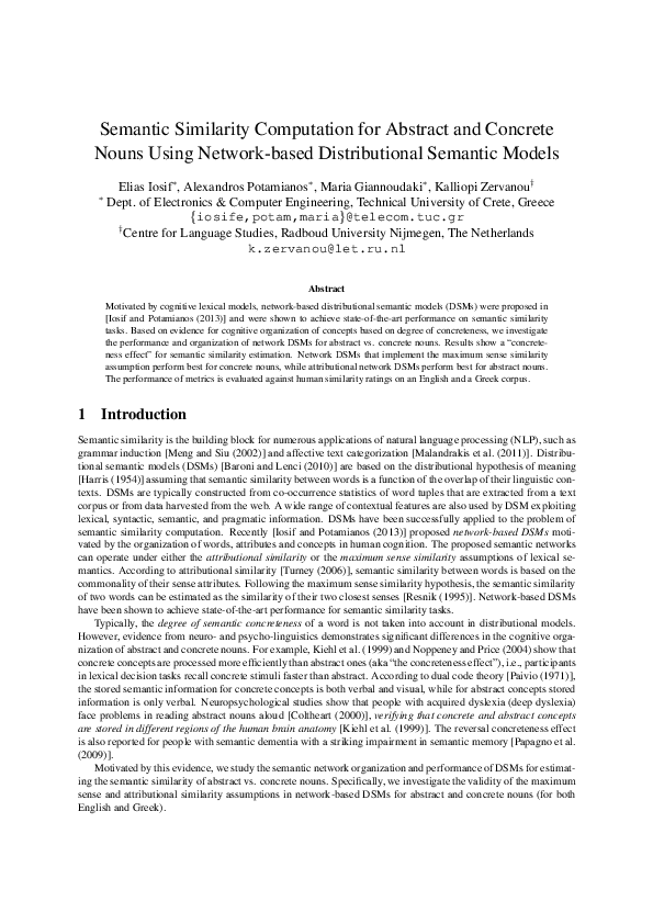 Pdf Semantic Similarity Computation For Abstract And Concrete Nouns Using Network Based