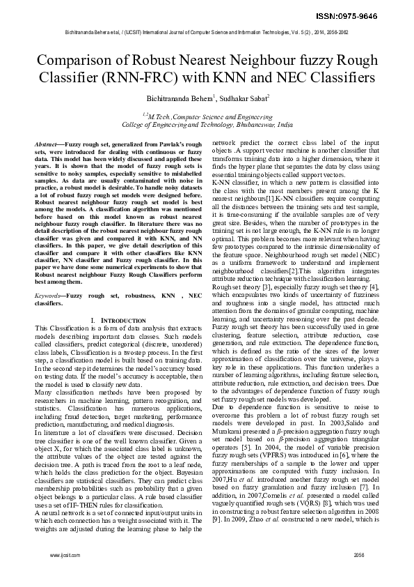 (PDF) Comparison of Robust Nearest Neighbour fuzzy Rough Classifier ( RNN-FRC ) with KNN and NEC ...
