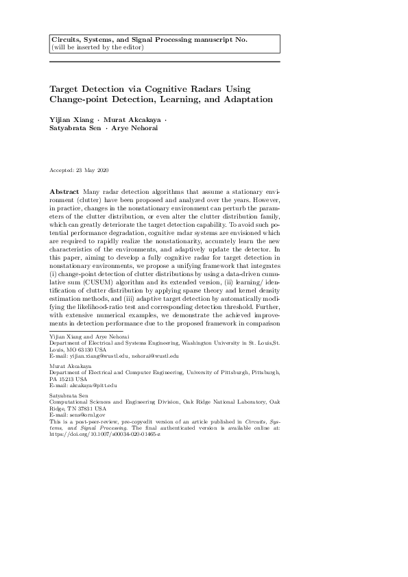 (PDF) Target Detection via Cognitive Radars Using Change-Point Detection, Learning, and Adaptation