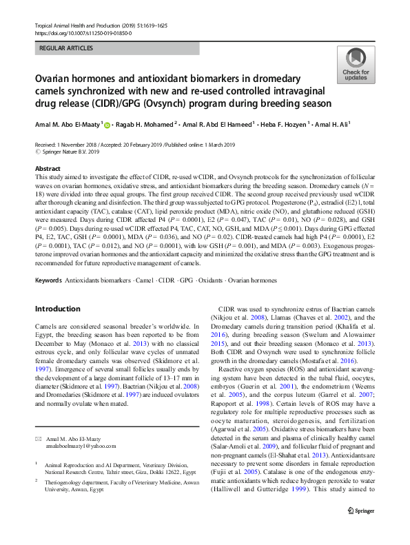 (PDF) Ovarian hormones and antioxidant biomarkers in dromedary camels ...