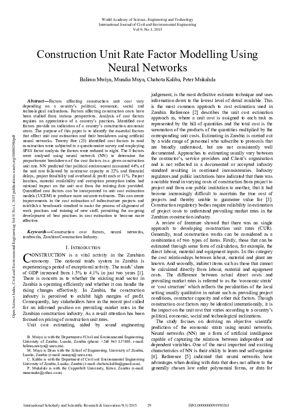 (PDF) Construction Unit Rate Factor Modelling Using Neural Networks