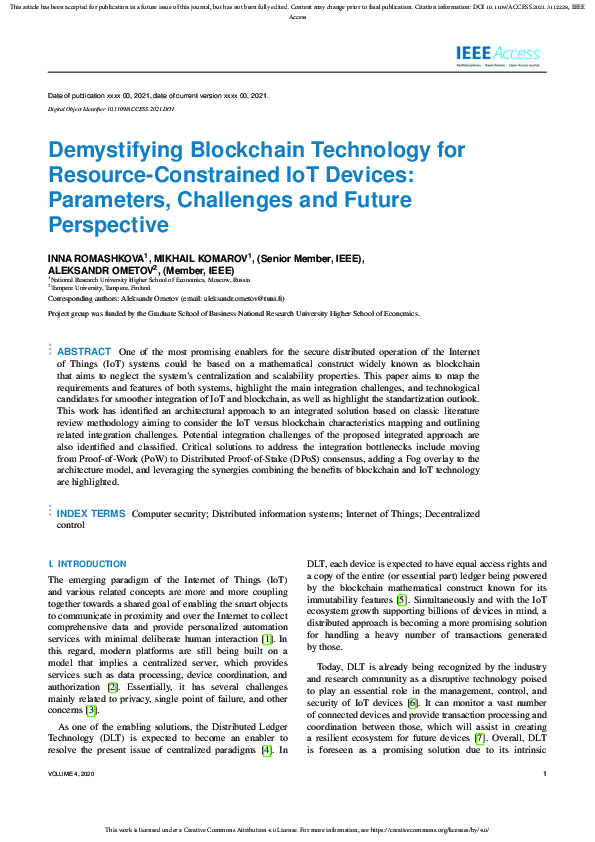 Pdf Demystifying Blockchain Technology For Resource Constrained Iot Devices Parameters