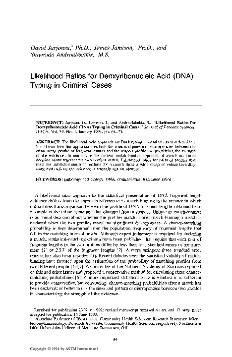(PDF) Likelihood ratios for deoxyribonucleic acid (DNA) typing in ...