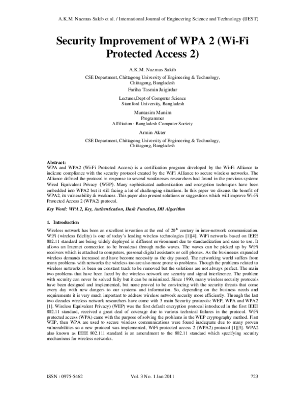 (PDF) Security Improvement of WPA 2 (Wi-Fi Protected Access 2)
