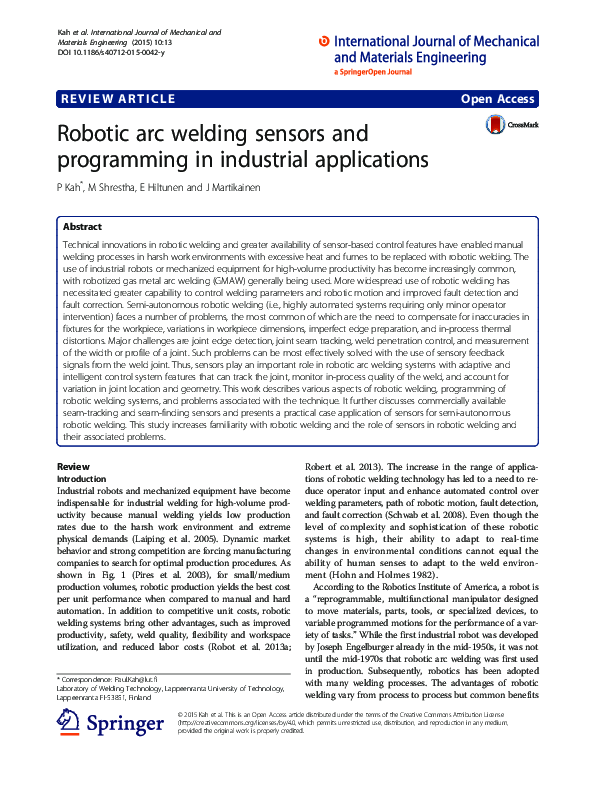 (PDF) Robotic arc welding sensors and programming in industrial ...