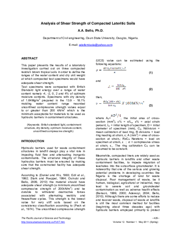 (PDF) Analysis of Shear Strength of Compacted Lateritic Soils