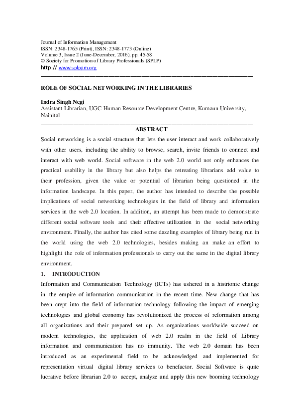 (PDF) Role of Social Networking in the Libraries