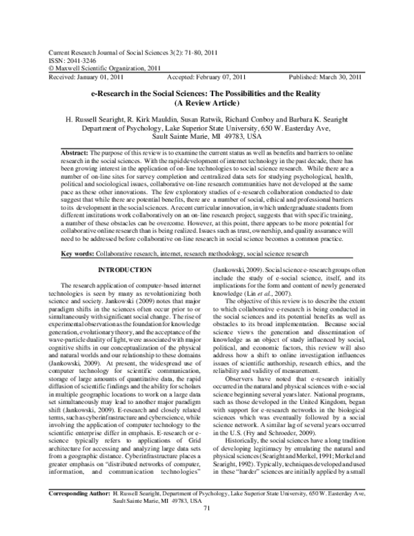 (PDF) e-Research in the Social Sciences: The Possibilities and the ...