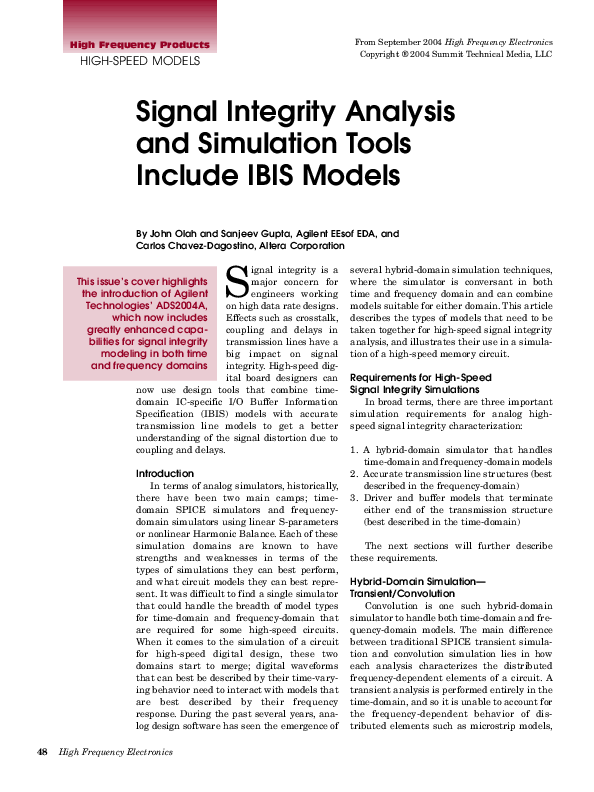 (PDF) Signal Integrity Analysis and Simulation Tools Include IBIS Models