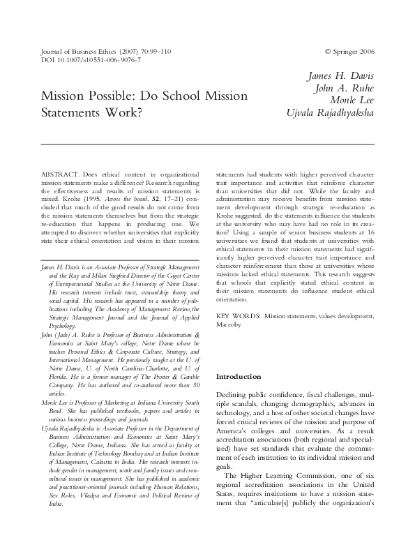 (PDF) Mission Possible: Do School Mission Statements Work?