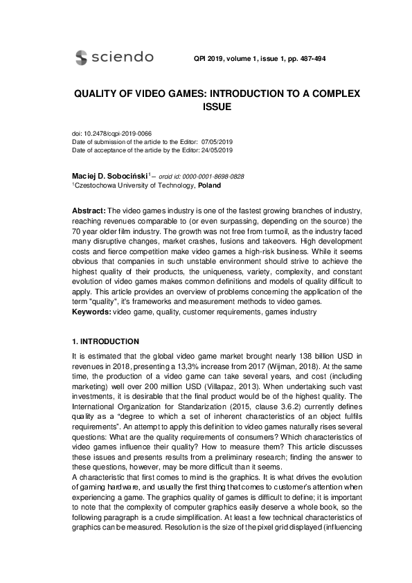 (PDF) Quality of Video Games: Introduction to a Complex Issue