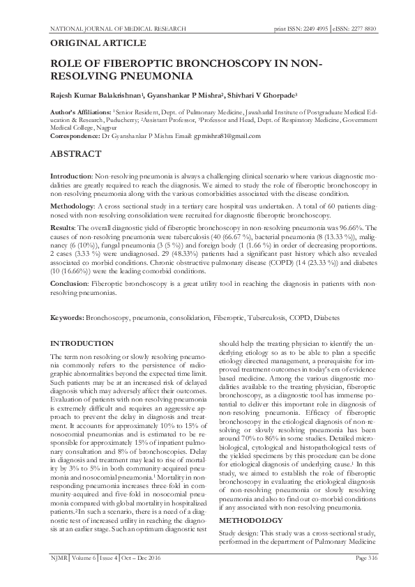 (PDF) Role of Fiberoptic Bronchoscopy in Non-Resolving Pneumonia ...